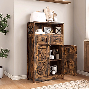 Befrases Farmhouse Storage Cabinet with Drawers and Shelves, Freestanding Kitchen Pantry Storage Cabinet, Floor Storage Cabinet Hutch Cupboard for Dining/Living Room/Home Office, Rustic Brown