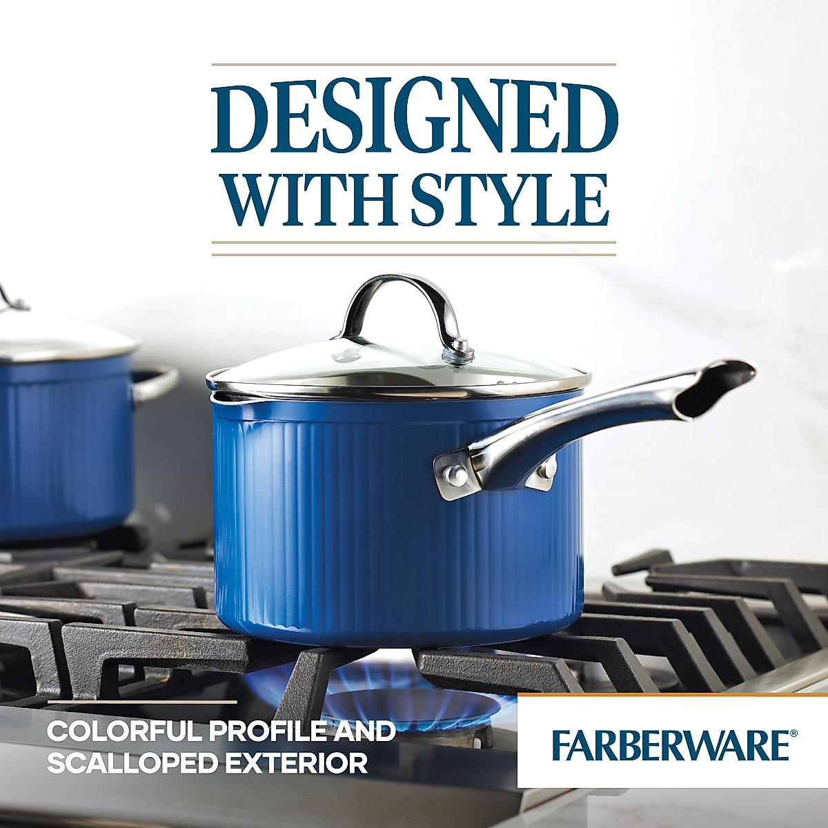 Farberware Style Nonstick Cookware Straining Saucepan with Lid, 3 Quart, Blue