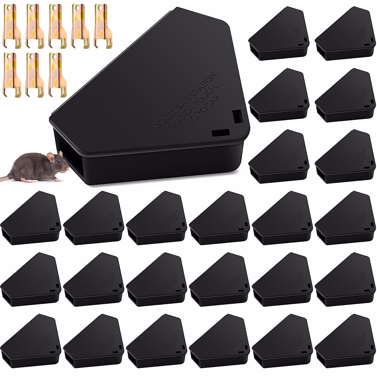 Qualirey 24 Pcs Mice Station with Key Triangle Bait Station Reusable Rodent Trap Bait Box, Keeps Children and Pets Safe Indoor & Outdoor, Bait Not Included, Suitable for Small Mice (Black)