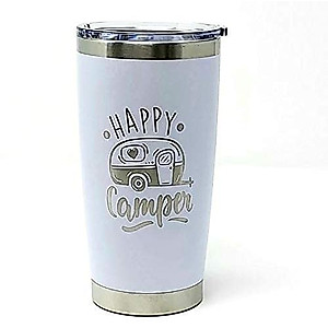 Happy Camper 20oz Coffee Tumbler (White), Coffee Mug for Mom, 20 oz Stainless Steel Insulated Travel Mug with Lid