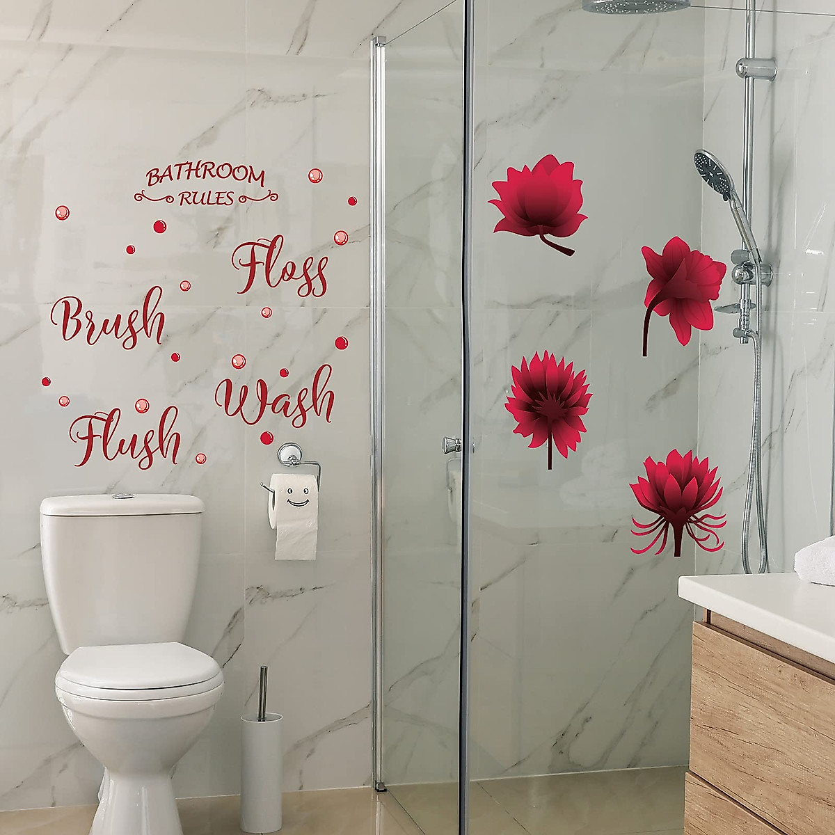 Set of Bathroom Wall Decals Stickers Wash Brush Flush Floss Bathroom Rules Wall Decor Sticker Waterproof Flower Sign Sticker for Bathroom Kitchen Home DIY Decorations