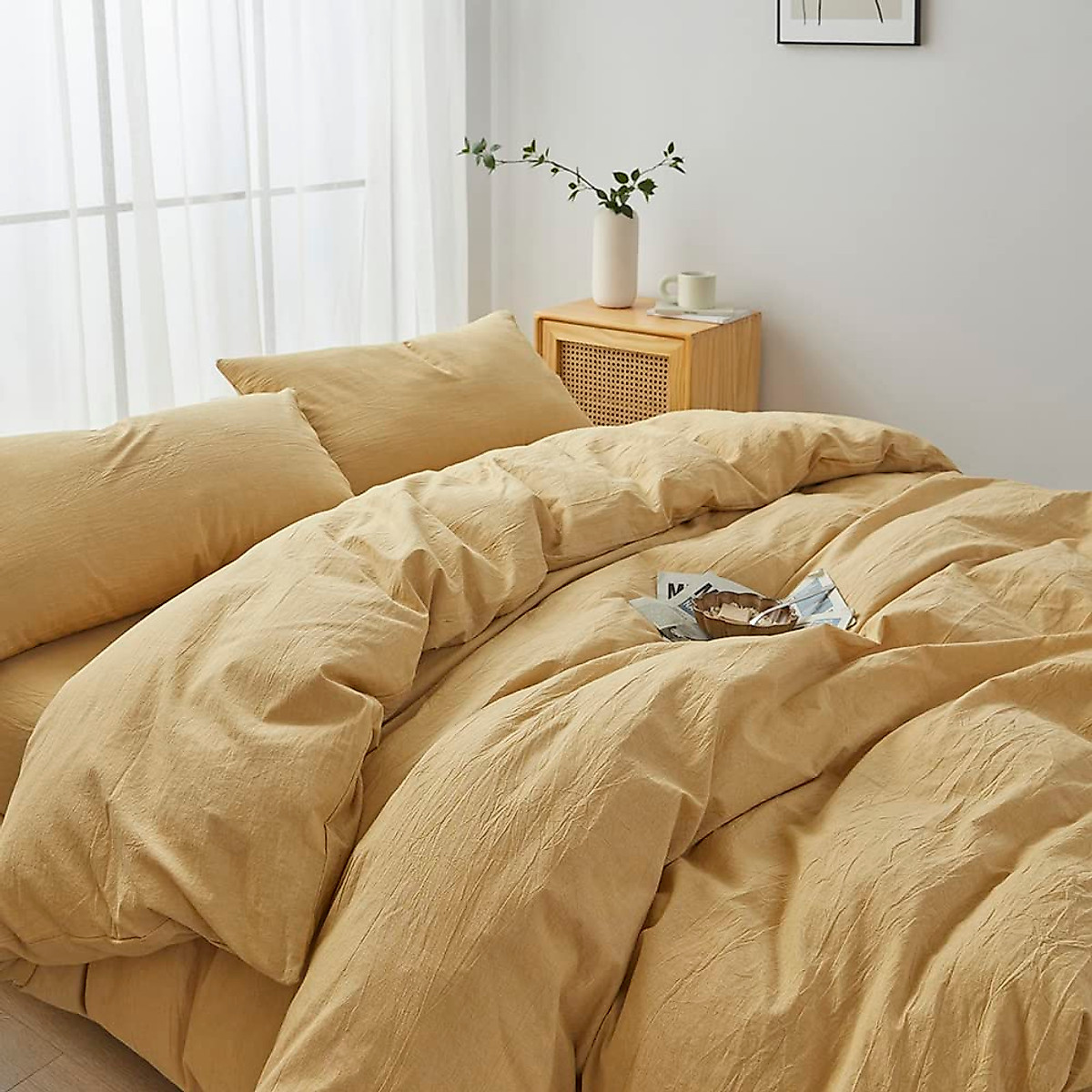 FACE TWO FACE Bedding Duvet Cover Set 3 Pieces 100% Washed Cotton Duvet Cover Linen Like Textured Breathable Durable Soft Comfy (Full, Ginger)