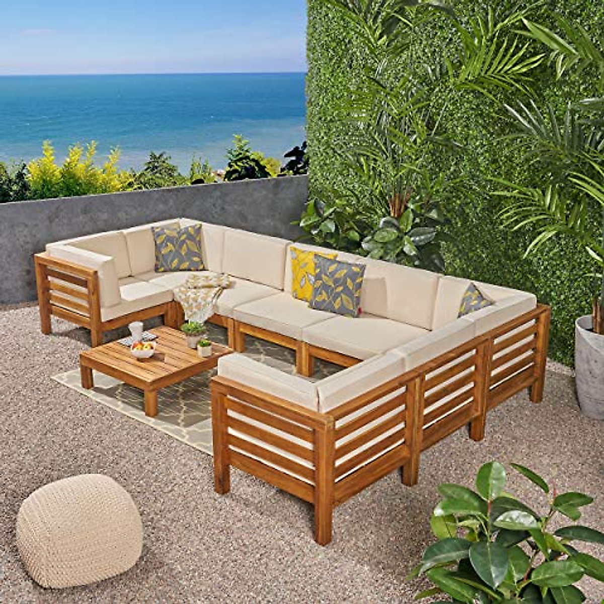Great Deal Furniture Dawson Outdoor U-Shaped Sectional Sofa Set with Coffee Table - 9-Piece 8-Seater - Acacia Wood - Outdoor Cushions - Teak and Beige