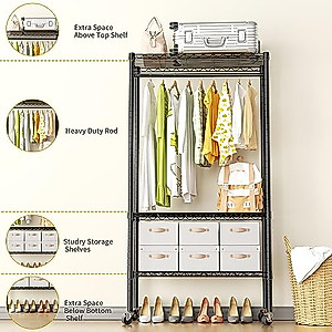 Golpart Rolling Clothes Rack Portable Garment Racks for Hanging Clothes, Freestanding Clothing Racks Closet with Adjustable Shelve & Wheel, Heavy Duty Metal Wardrobe Bedroom Laundry-room, Black