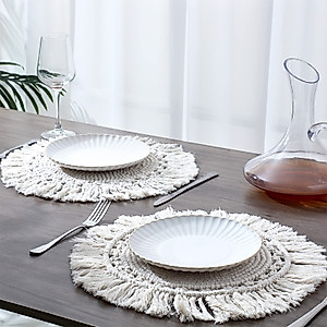 6 Pcs Boho Macrame Placemats Set Handmade Cotton Woven Boho Placemats Cute Desk Decor Round Farmhouse Fringe Placemats for Dining Table Office Car Home Wedding Party, 16 Inch