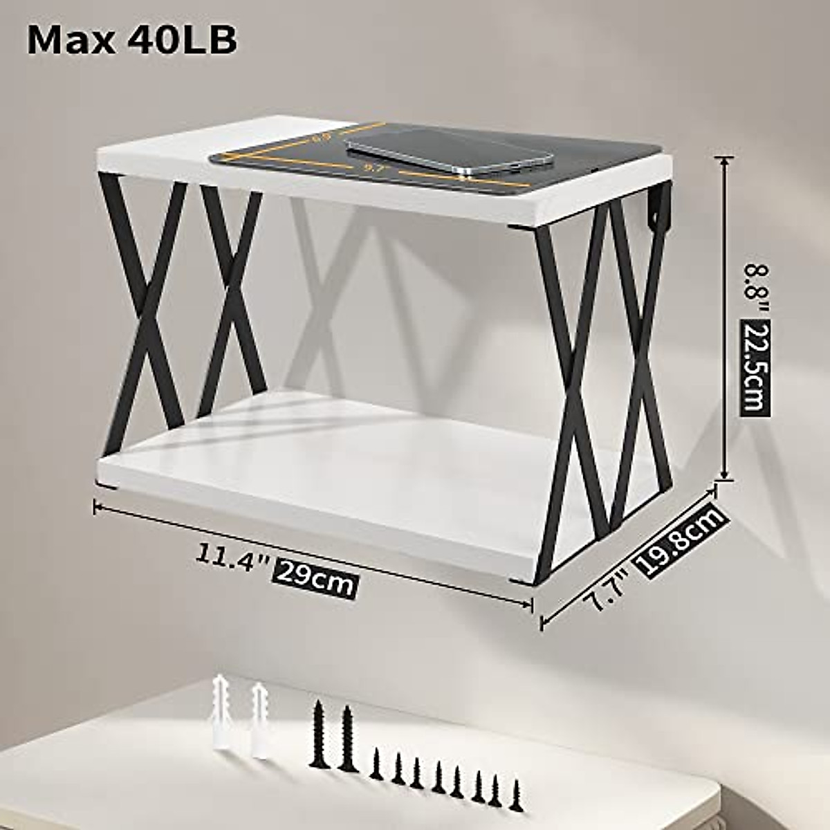 Afuly Bedside Table Wall Mounted, 2 Tier Rustic Wood Floating Nightstand for Bedroom Decor Storage, Black Wall Bedside Shelf for Home Livingroom Bathroom Kitchen Decorative