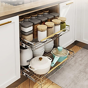 Redrubbit Expandable Pull Out Drawers Cabinet Shelf Organizer, Heavy Steel Metal Wire Slide Out Kitchen Pantry Organizer Storage Shelf, Adjustable Width 16.3~26.3"x17.3" D