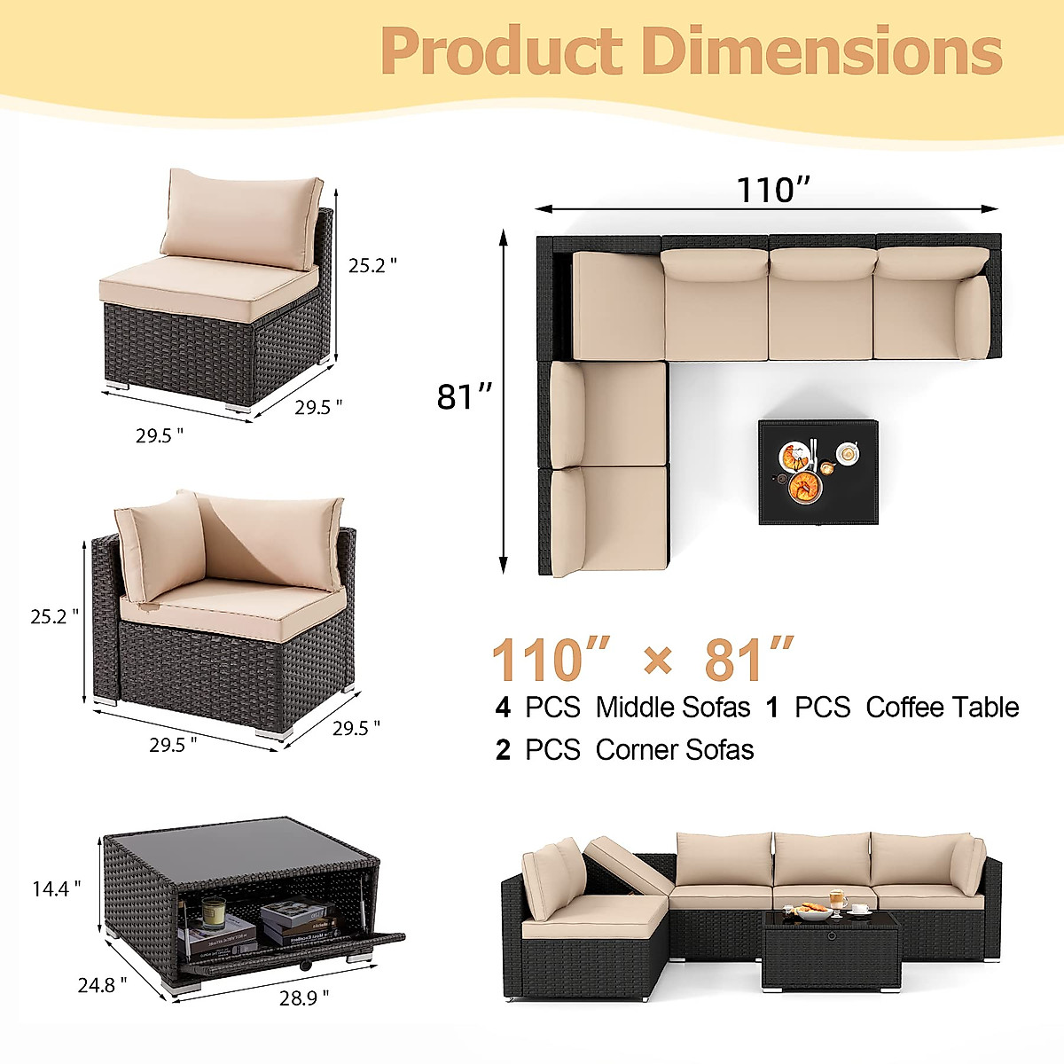 RYNSTO 7 Piece Patio Furniture Set with Adjustable Bracket Brown Rattan Wicker Patio Conversation Sets Sectional Sofa Set with Table and Cushions for Porch Lawn Garden, Beige