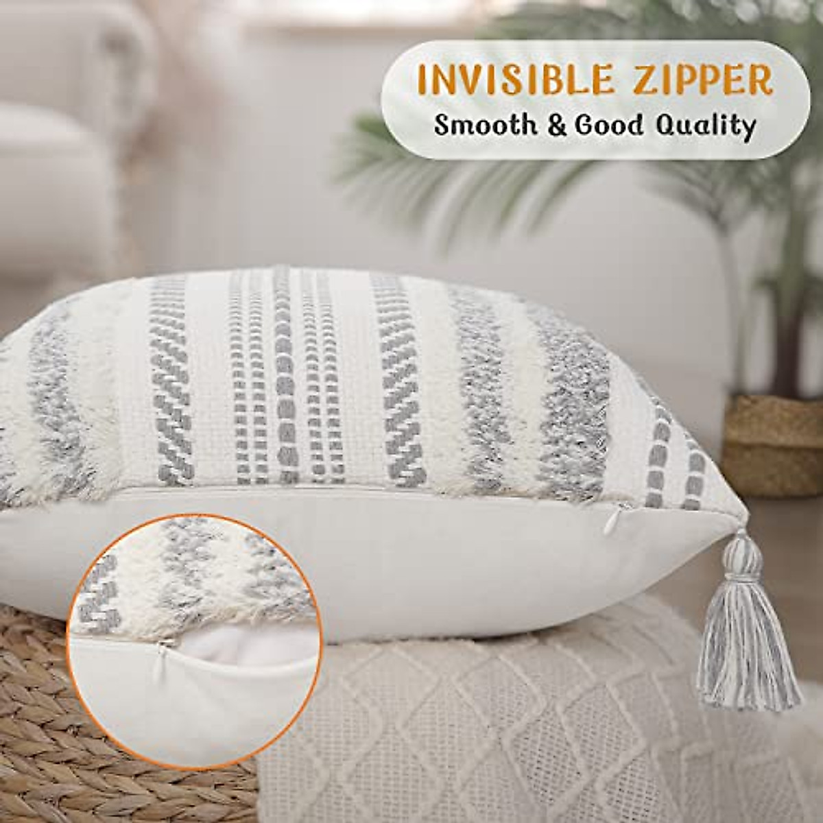 decorUhome Set of 2 Boho Decorative Throw Pillow Covers for Bed Bedroom Neutral Accent Cushion Cover Tufted Woven Pillow Case, 18x18, Grey and Cream White