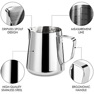 Milk Frothing Pitcher, Espresso Steaming Pitcher 12oz, Espresso Machine Accessories, Stainless Steel Milk Coffee Cappuccino Barista Steam Pitchers Milk Jug Cup with Spoons