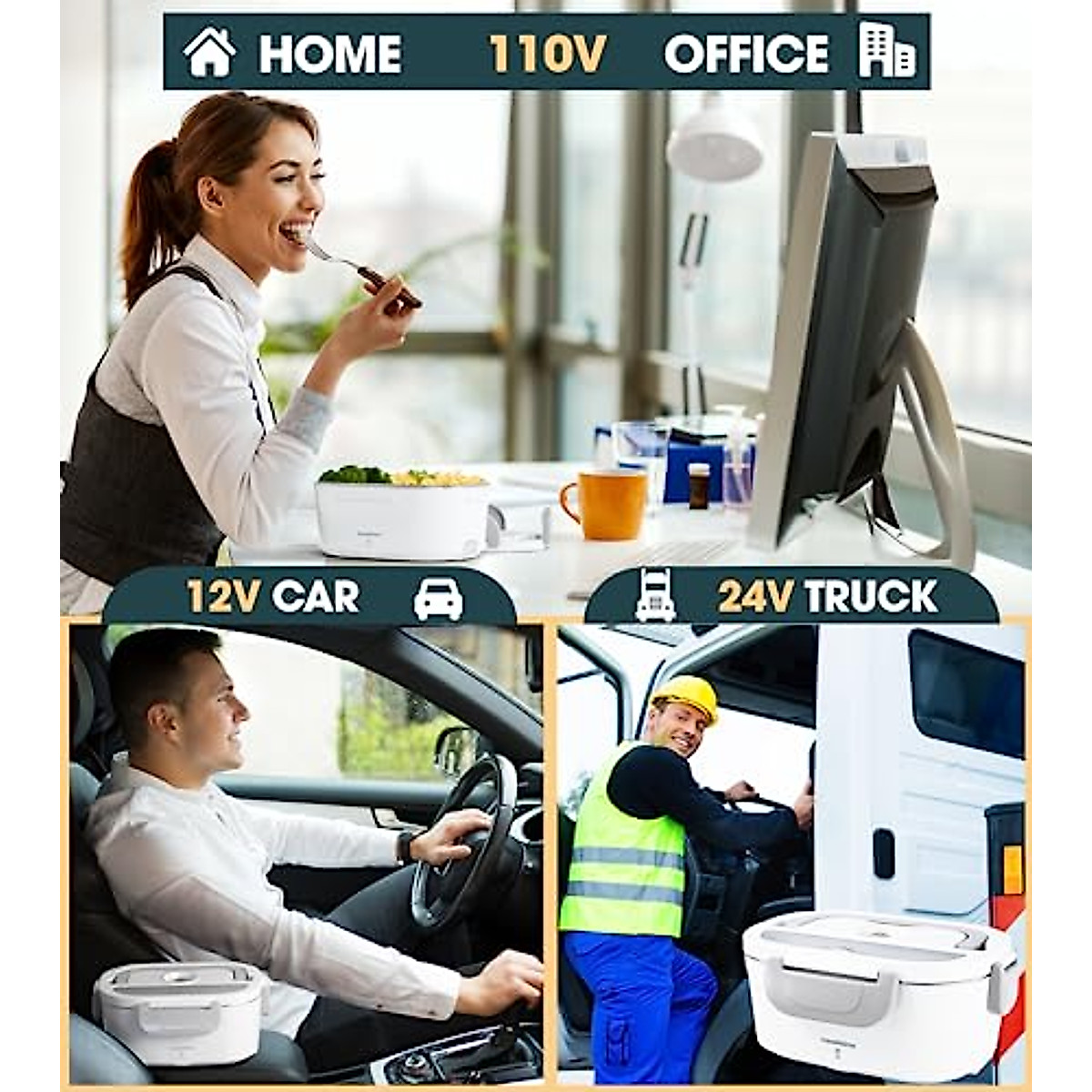 TRAVELISIMO Electric Lunch Box 60W, 3 in 1 Ultra Quick Portable Food Warmer 12/24/110V, Heated Lunch Boxes for Adults Leakproof, SS Container, Luncheaze Heater for Car Truck Work, Loncheras Electricas