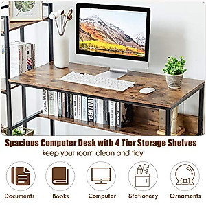 Tangkula 59-Inch Computer Desk with Bookshelf, Home Office Desk with Storage Bookshelf, Metal Frame & Adjustable Foot Pads, Space Saving Computer Workstation Study Writing Desk