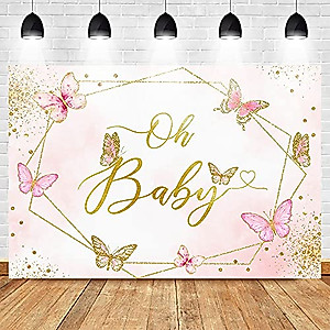 Mocsicka Butterfly Baby Shower Backdrop 7x5ft Oh Baby Pink Glitter Butterflies Baby Shower Party Decorations for Girls Butterfly Kisses and Baby Wishes Photography Background