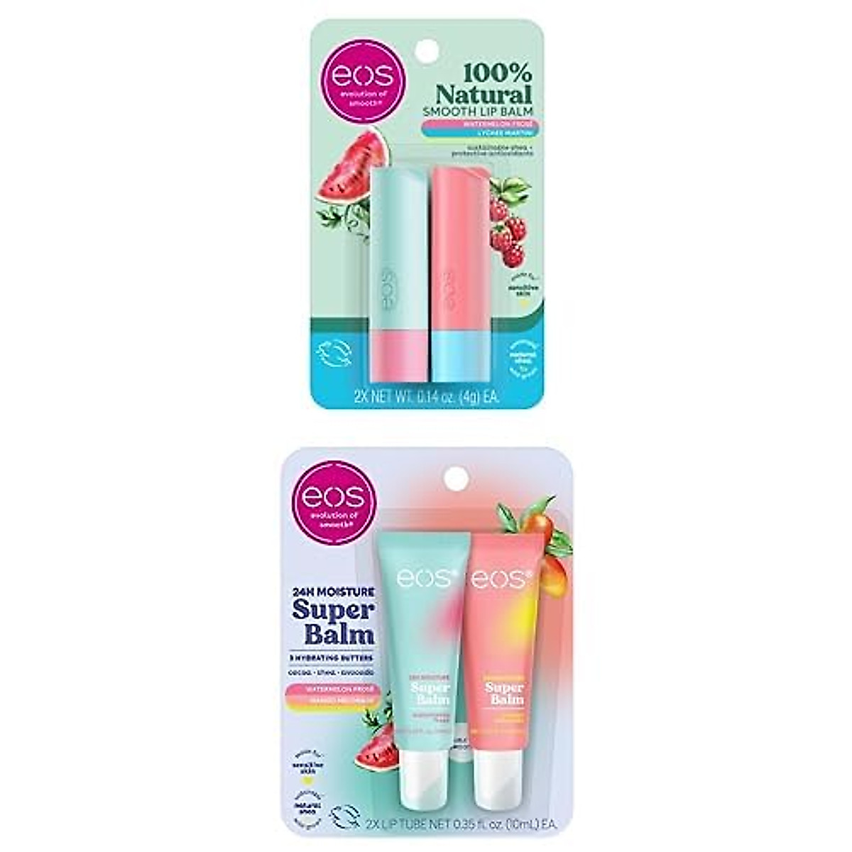 eos Melon Lip Bundle- Watermelon Frosé and Lychee Martini Lip Balm Stick+ eos 24H Moisture Super Balm- Watermelon Frosé & Mango Melonade Tubes