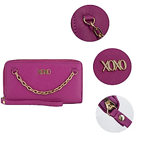 XOXO Women’s Wallet Small Magenta Saffiano Leather Sleek Zip Around With Chain And Wristlet