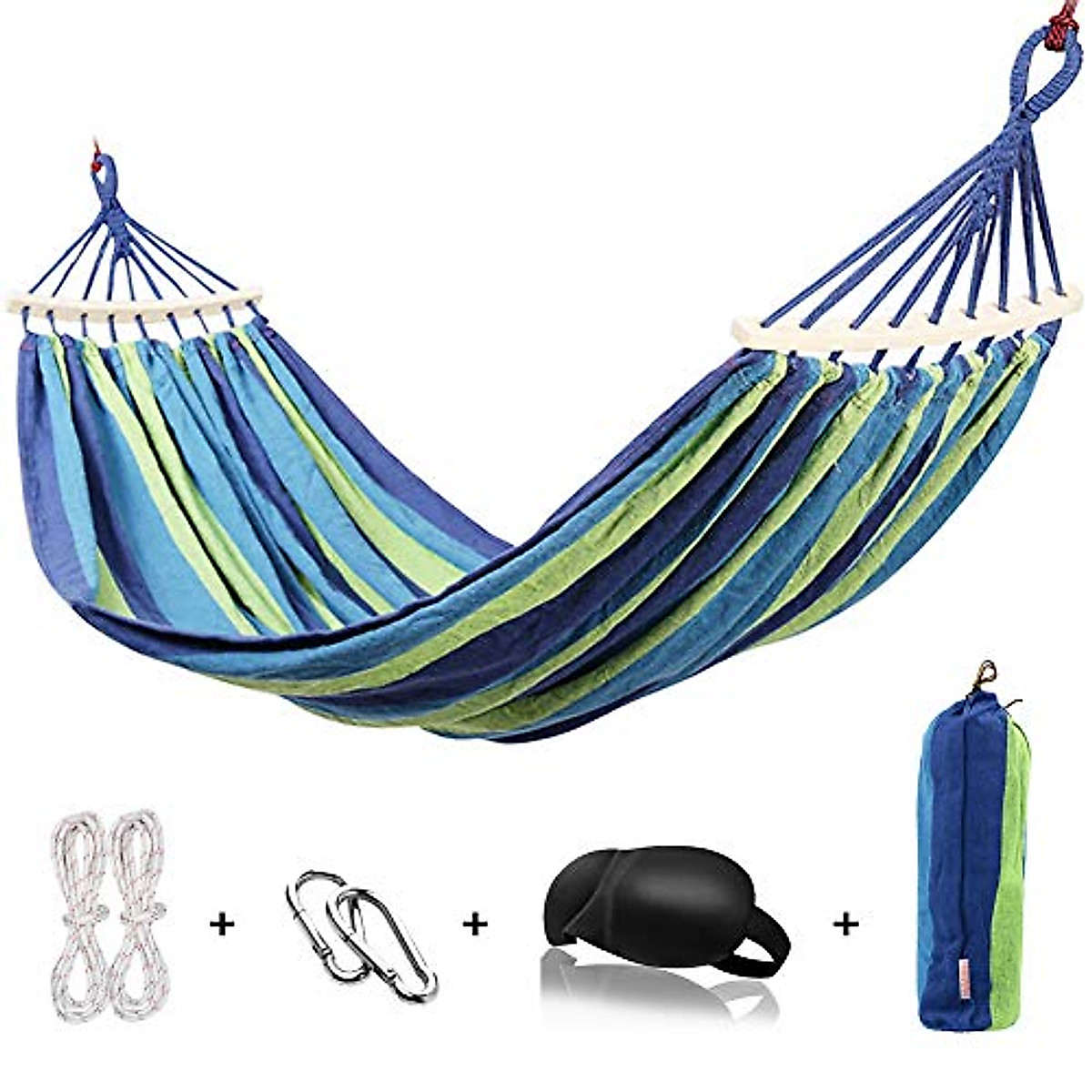 HappyGo Camping Hammock Canvas Fabric Hammock 550lbs with Anti Roll Balance Bar and Tree Strap Cotton Hammock for Camping, Backyard, Garden, Beach, Patio Gift