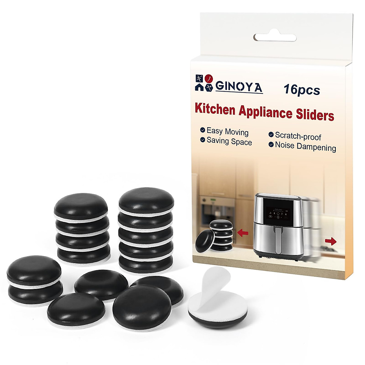 GINOYA Kitchen Appliance Sliders, 16pcs DIY Adhesive Appliance Movers for Air Fryer Coffee Maker Easy Moving Saving Space (Black)