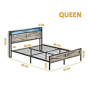 Halitaa LED Queen Size Bed Frame with Charging Station, Platform Metal Bed Frame with Headboard Storage & USB Ports Outlets, Farmhouse Bed Frame with Lights for Bedroom, Noise Free, Wash Grey (Queen)