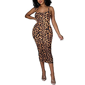 Rela Bota Women's Sexy Spaghetti Strap Sleevless Bodycon Midi Club Cocktail Dress Leopard Print XXL