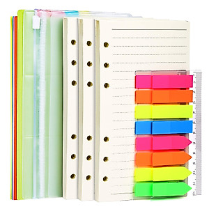 A6 Refill Paper, 3 Pack 45PCS A6 6 Ring Loose Leaf Paper, 2 Pack 160PCS Neon Page Markers, with Binder Pockets & Binder Dividers, LEOBRO A6 Lined Paper Refills for A6 Binder Planner Notebook Journal