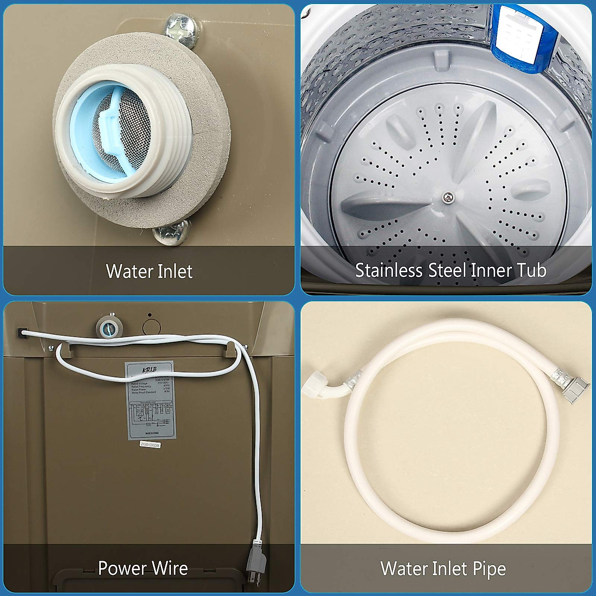 Full-Automatic Washing Machine 15.6lbs, Krib Bling Portable Compact Laundry Washer with Drain Pump, 10 Wash Programs 8 Water Levels with LED Display