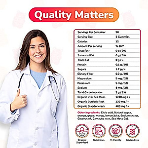 Organic Sea Moss Gummies – Contains Irish Sea Moss + Burdock Root + Bladderwrack – 60 Gummies for Stronger Immune, Healthier Skin & Hair, Detox – Great for Kids & Adults, Made in USA (1)