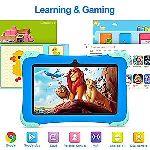 Fivahiva Kids Tablet 7 inch Tablet for Kids 2-12 Android 11 Go Quad-core 2GB+32GB Dual Camera Parental Control Pre-Installed iWawa Learning Game Software Toddler Tablet with Drop-Proof Case