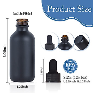 YONKAN 1 oz Dropper Bottle 12 Pack Black Glass Boston Bottles 30ml with Eye Droppers Black Caps for Essential Oils, Perfume, Leak Proof Travel Bottles for Liquids
