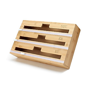 Rae Dunn 3 in 1 Wrap Organizer with Cutter, Plastic Wrap, Aluminum Foil and Wax Bamboo Dispenser for Kitchen Storage Organization Holder for 12" Roll