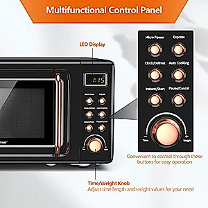 COSTWAY Retro Countertop Microwave Oven, 0.7Cu.ft, 700-Watt, High Energy Efficiency, 5 Micro Power, Delayed Start Function, with Glass Turntable & Viewing Window, LED Display, Child Lock (Gold)