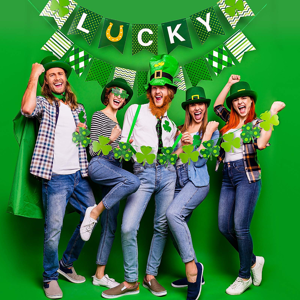 Whaline 4pcs St. Patrick's Day Banner Decoration Pre-Assembled Cartoon Holiday Flag Garland Double-Sided Green Lucky Shamrock Clover Banner Spring Irish Home Party Supplies