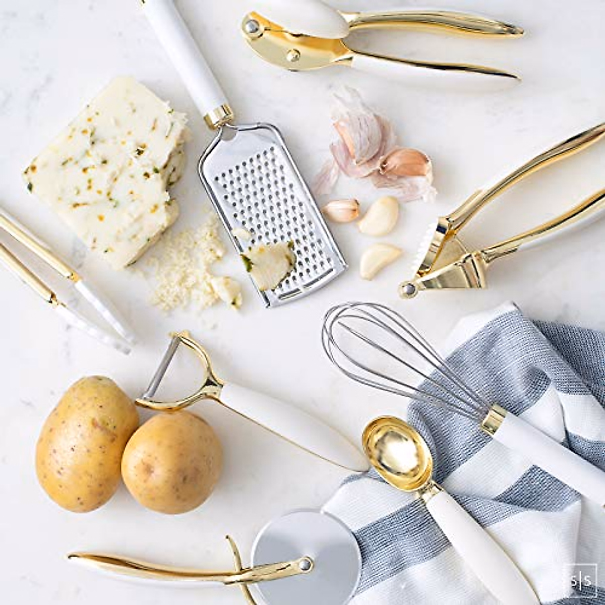 Gold Cooking Utensils with Gold Measuring Cups and Spoons Set - 23 Piece Luxe White and Gold Kitchen Accessories Include Gold Metal Measuring Cups and Spoons Set and White and Gold Kitchen Utensils