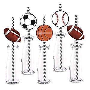 Sports straw Decor, 24-Pack Soccer Football Baseball Basketball Birthday Party Supply Decorations, Paper Decorative Straws