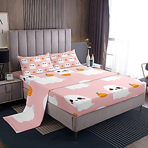 Cartoon Ghost Bed Sheets Set Kawaii Gothic Sheet Set Halloween Pumpkin Decorations,Pumpkin Lantern Flat Fitted Sheet Full,Cute Shadows Pattern Spooky Silhouette Halloween Party Decorations