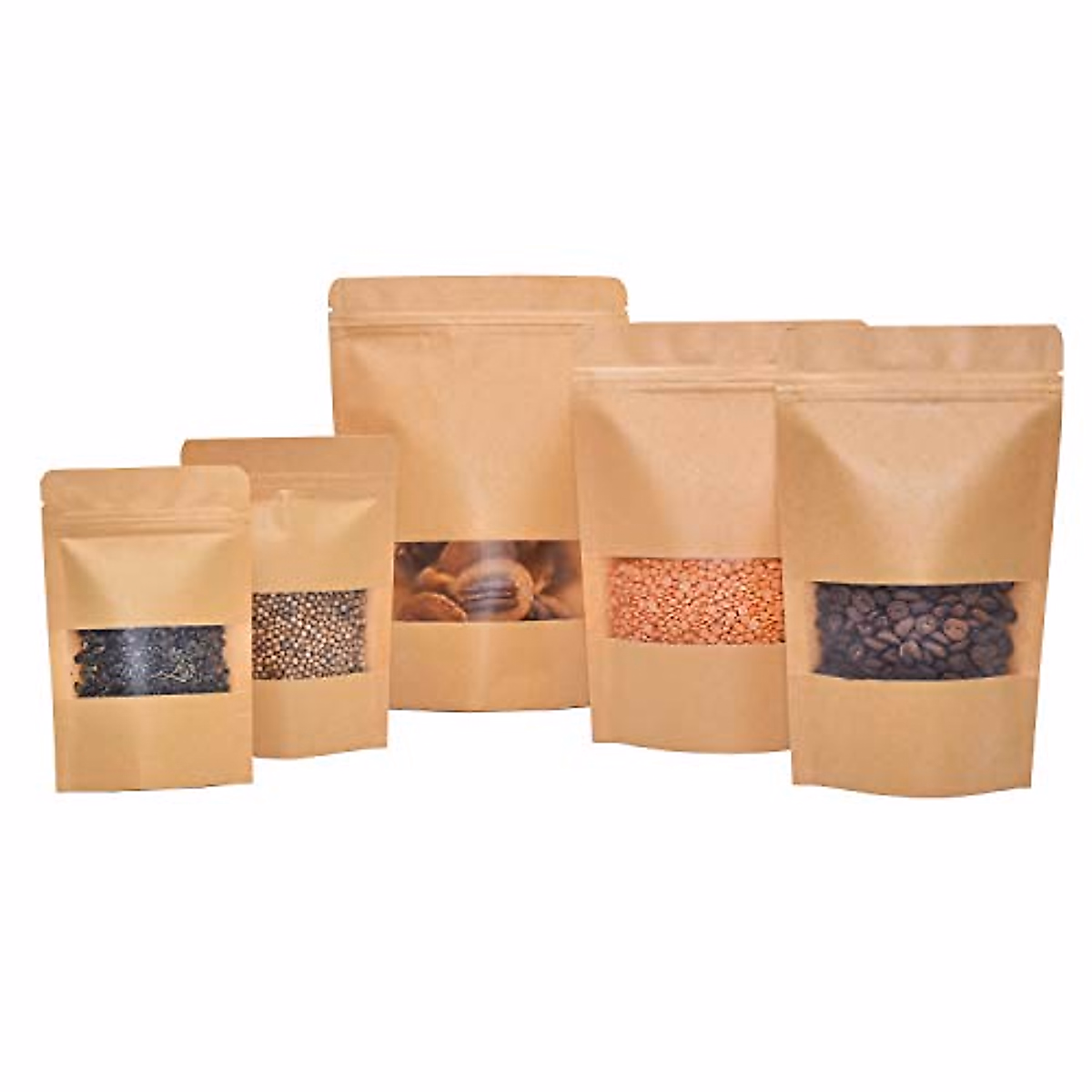50 Pcs Self Sealing Sealable Packaging Paper Bags Waterproof Transparent Window Brown Stand Up Zipper Pouches Can Reusable for Food Tea Coffee bags Beans Nuts Seeds Dried Fruits Pouch (5.5"x.7.8")…