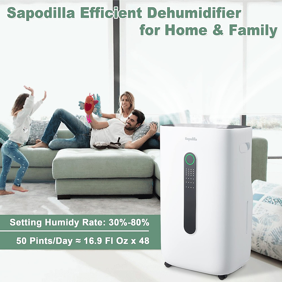 Sapodilla Dehumidifier for Basement, 50 Pints Dehumidifier for 3000 Sq.Ft, 1.72 Gallon Water Tank with Drain Hose, Auto or Manual, Portable Home Dehumidifier for Large Room Bedroom Bathroom Laundry