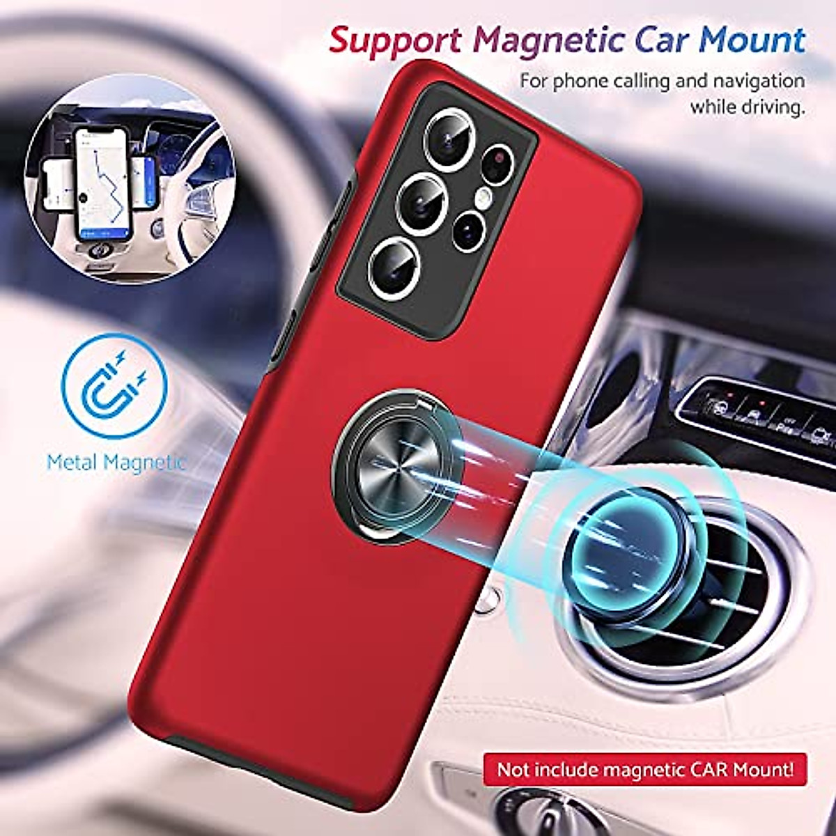 Anqrp Shockproof for Galaxy S21 Ultra Case 5G, [Heat Dissipation] [No Fall-Off Kickstand] 360°Metal Ring Military Grade Protection Phone Case with Samsung Galaxy S21 Ultra 6.8 Inch, Red