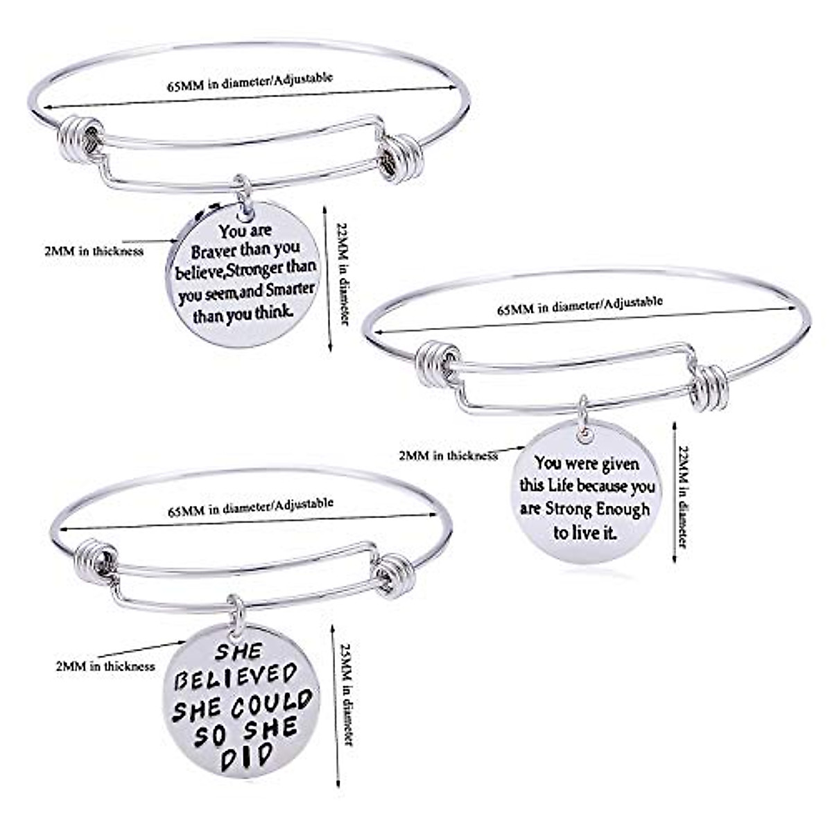 YEEQIN Pack of 3 Inspirational Bangle Bracelets, Inspirational Gifts, Inspirational Jewelry, Women Bangles, Strength Believe Confidence Gift (Pack of 3 Mixed Styles)