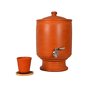 Village Decor Handmade Earthen Clay water pot | Water Dispenser Includes Clay Lid, Glass and Stand, Wooden Coaster and Stainless Steel Faucet. Capacity 7000 ml 236 oz.