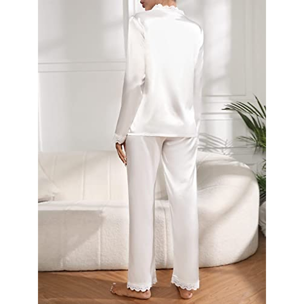 MakeMeChic Women's Satin PJ Set Silk Lace Trim Button Down Shirt and Pants Pajama Set White S