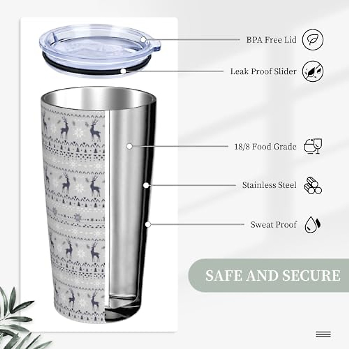 20oz Tumbler Gorgeous Deer Snowflake Double Wall Vacuum Insulated Coffee Mug with Lid and Metal Straw Brush Reusable Stainless Steel Water Bottle Travel Cup Gifts for Car Ice Drinks Hot Beverage