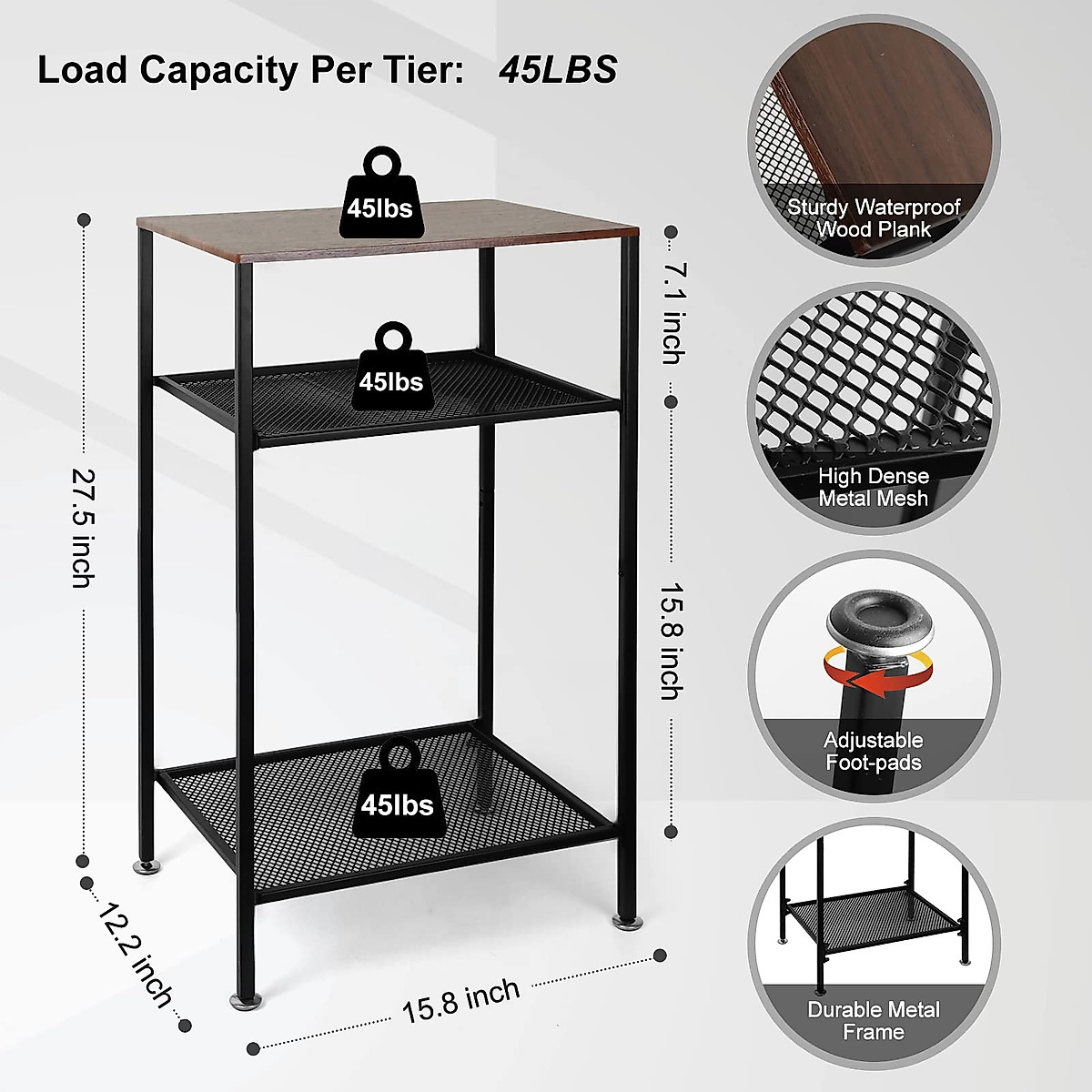 XASERDY 3-Tier Tall End Table,Slim Nightstands,Bedside Table with Storage Shelf,Sofa Side Tables for Small Space,for Living Room, Bedroom,Couch,Metal Frame
