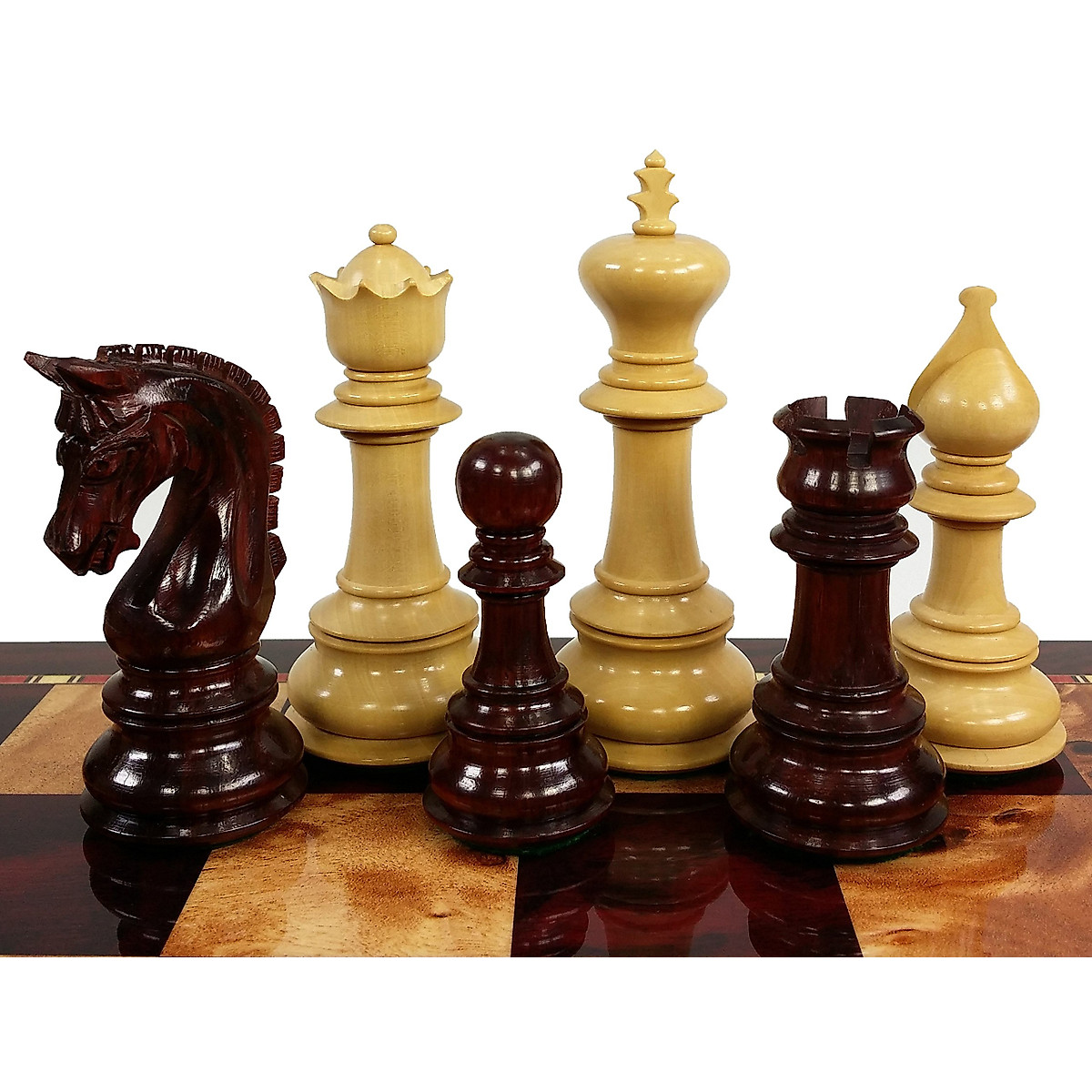 4 Queens - Large 4 3/8" King Staunton Luxury Bud Rosewood Chess Men Set W/ 20" Cherry Color Storage Board
