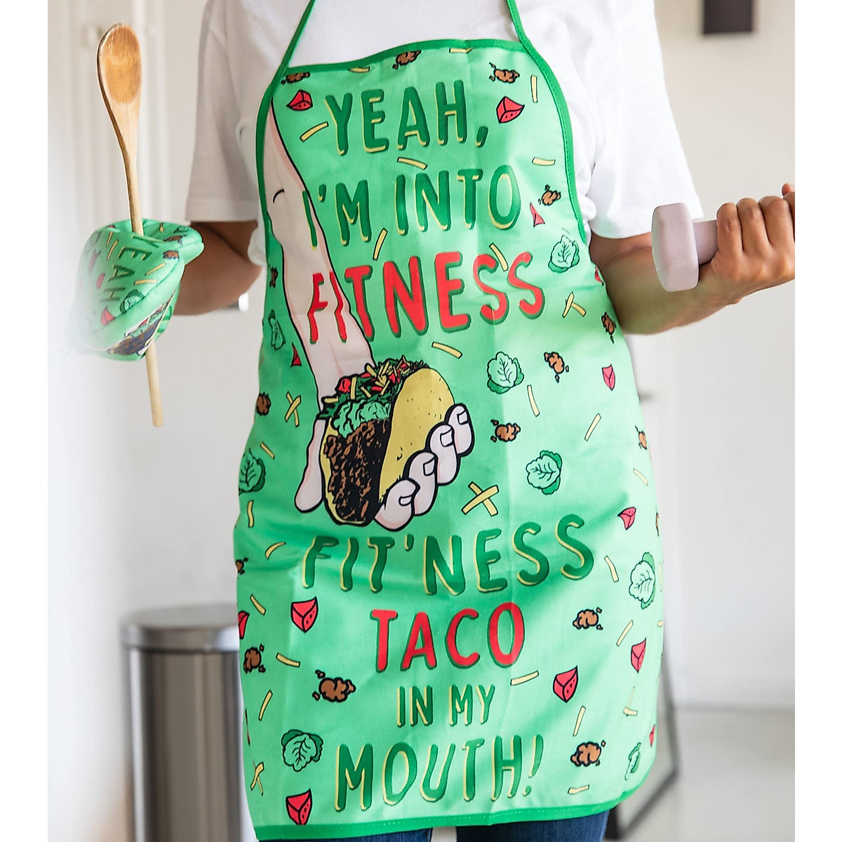 Fitness Taco Funny Kitchen Apron and Oven Mitts Humorous Gym Graphic Novelty Cooking Accessories Funny Graphic Kitchenwear Cinco De Mayo Funny Food Green Oven Mitt
