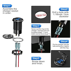 12V USB Outlet Wire Aluminum Car Charger Multi Port, Dual USB Quick Charge 3.0 Port and PD USB C Socket with Voltmeter Switch for Car Boat Marine Truck RV, Fast Charge for iPhone iPad Android Phones