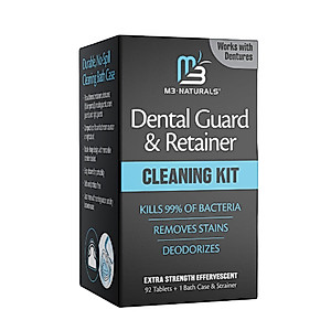 Retainer Cleanser Tablets and Soak Container Universal No Mess Denture Cleaning Tablets and Denture Bath Case Strainer Multipurpose Bath Cup Mouth Guard Cleaner for Stains Odor Plaque by M3 Naturals