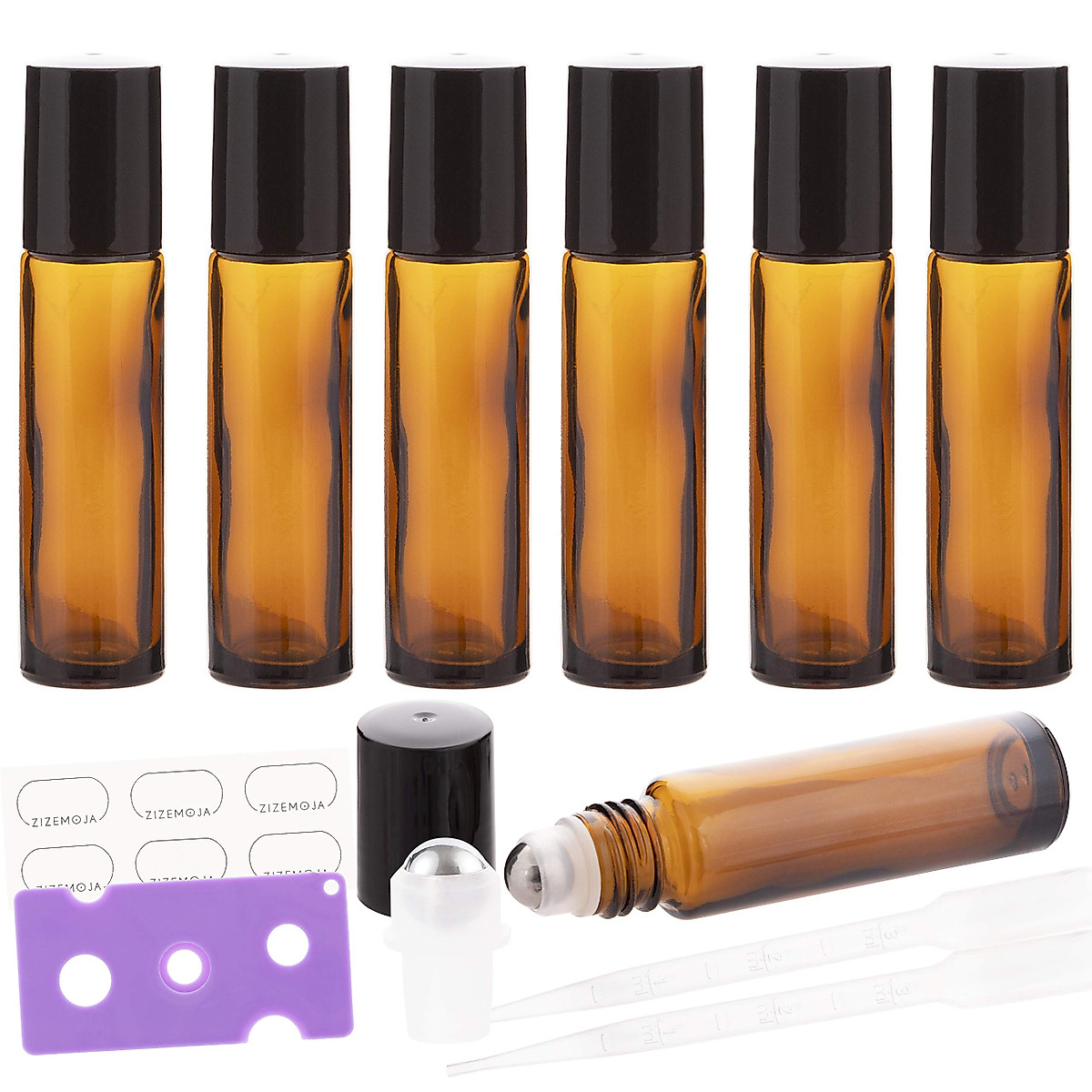 ZIZEMOJA 6Pcs 10ml Essential Oil Roller Bottles, with Stainless Steel Roller Balls, 10ml Amber Glass Roll on Bottles for Essential Oils, 1 Extra Roller Ball, 6 Labels, 1 Openers, 2 Droppers Included