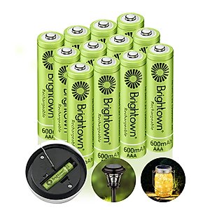Brightown 12-Pack Rechargeable AAA Batteries, 600mAh NiMH Precharged Triple A Solar Batteries for Solar Lights and Household Devices, Low-self Discharge, Up to 1200 Cycle Times, UL Certified, 1.2V