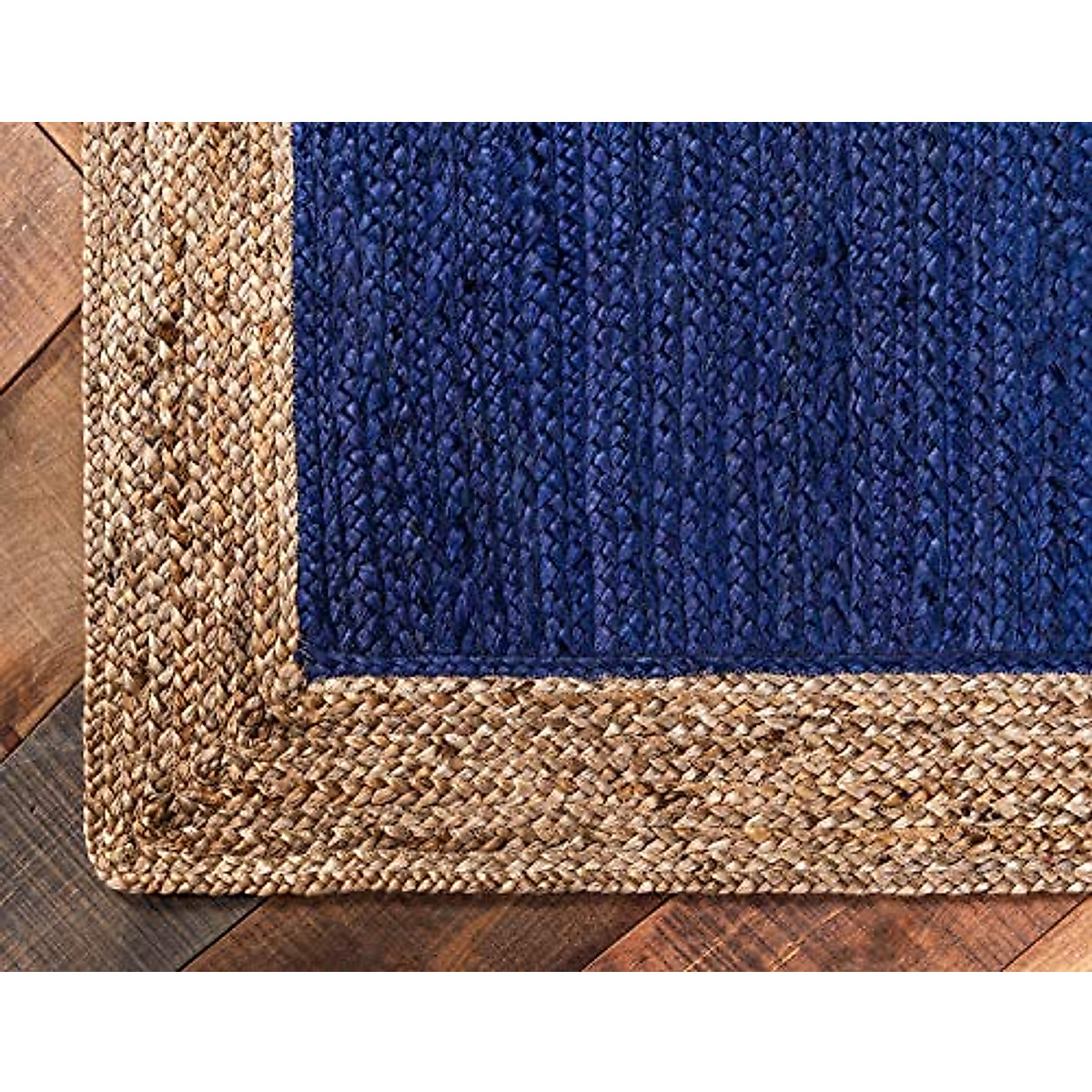 Unique Loom Braided Jute Collection Classic Quality Made Natural Hand Woven with Solid Color Detail, Area Rug, Rectangular 2' 0" x 3' 0", Navy Blue/Tan