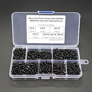 500pcs/Set M3 Black Zinc-Plated Carbon Steel Pan Head Self Tapping Screws, Assortment Drilling Screws with Storage Case, 6mm 8mm 10mm 12mm 16mm 18mm 20mm